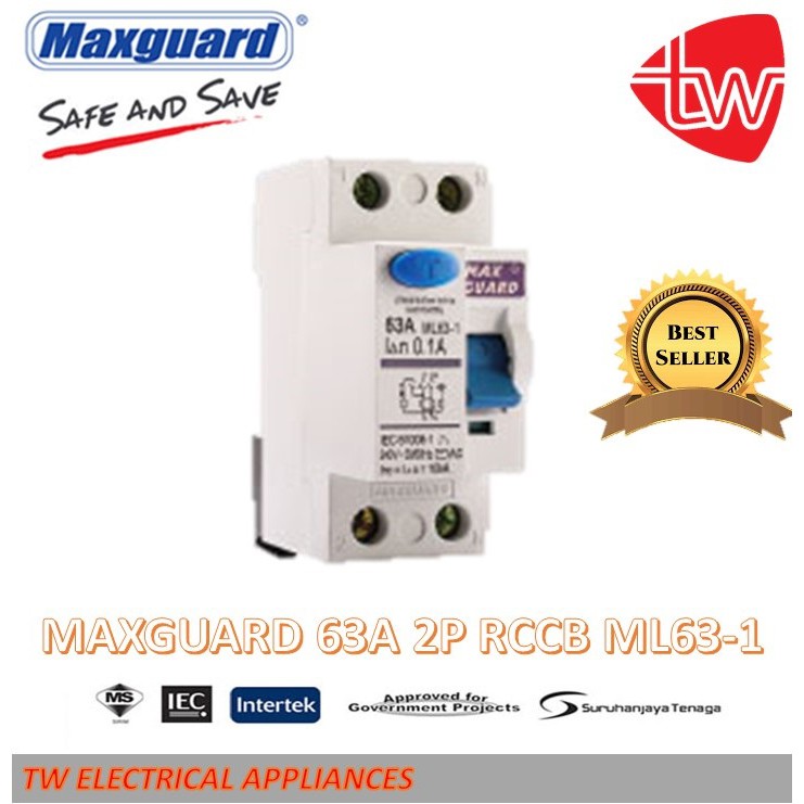 Maxguard 40A~63A 2 Pole 30mA~300mA ML63-1 Type AC RCCB (White) | Shopee Malaysia