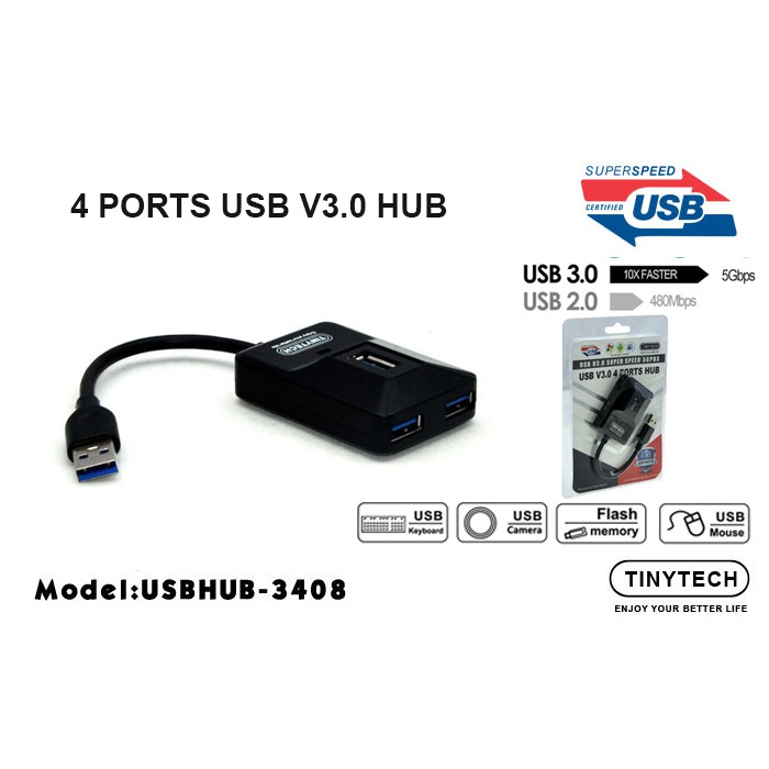 TINYTECH USB 3.0 SUPER SPEED 4 PORT USB HUB FOR PC / LAPTOP (USBHUB ...