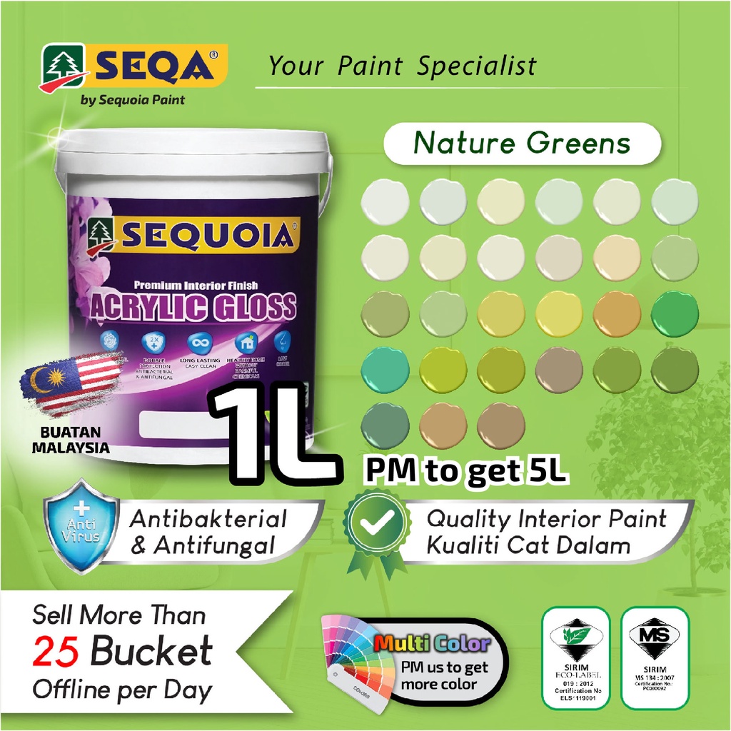 ( Green / Hijau )1L 💥Sequoia Acrylic Interior Gloss 💢 Cat Kilat Dinding ...