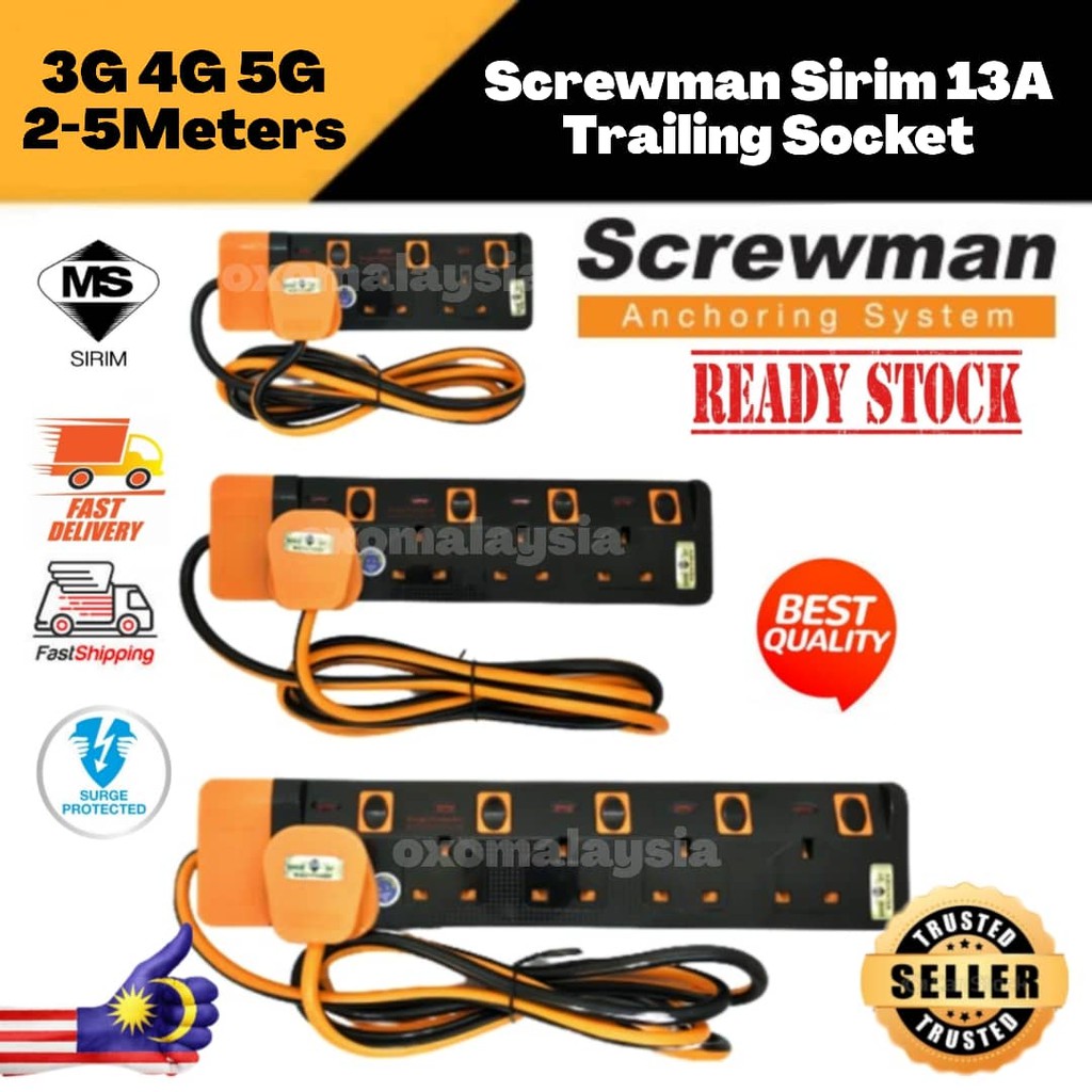 SCREWMAN SIRIM 13A TRAILING SOCKET 3G 4G 5G 2 METERS WITH SURGE ...