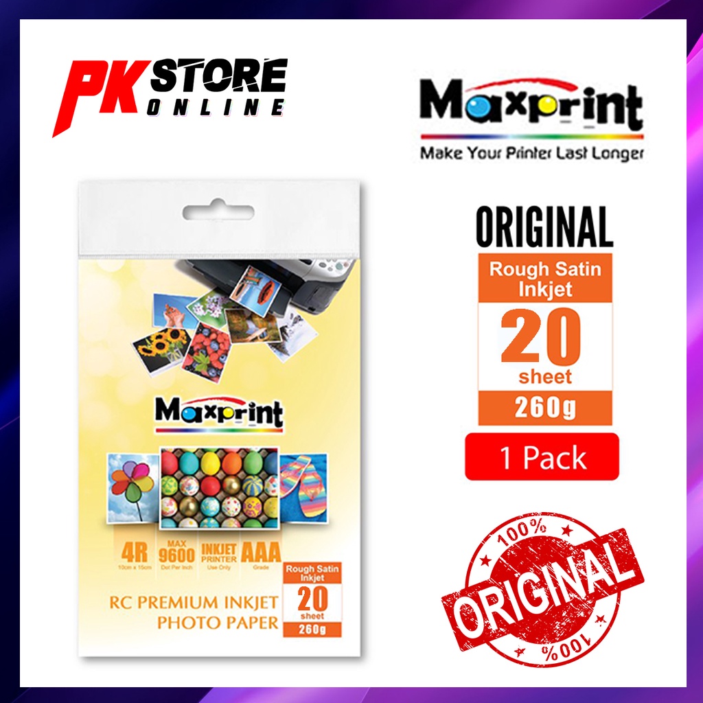 ORIGINAL MAXPRINT 4R SATIN RC PHOTO PAPER WATERPROOF ( 260gsm/ 20 sheet ...