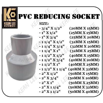 𝐏𝐕𝐂 𝐑𝐄𝐃𝐔𝐂𝐈𝐍𝐆 𝐒𝐎𝐂𝐊𝐄𝐓 𝟏/𝟐" 𝟑/𝟒" 𝟏" 𝟏 𝟏/𝟒" 𝟏 𝟏/𝟐" 𝟐" (𝟏𝟓𝐌𝐌 𝟐𝟎𝐌𝐌 𝟐𝟓𝐌𝐌 𝟑𝟐𝐌𝐌 𝟒𝟎𝐌𝐌 𝟓𝟎𝐌𝐌) | Shopee Malaysia