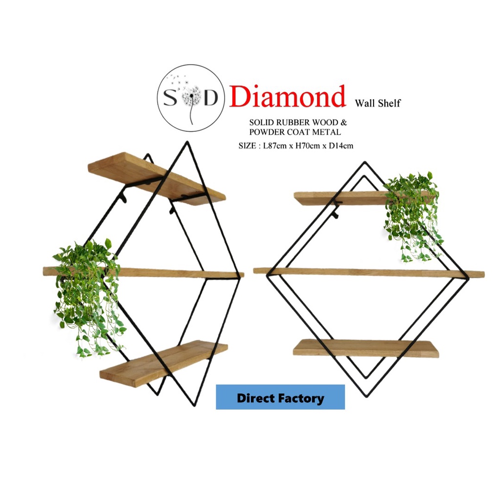 Diamond Wall Shelf with Solid Wood & Powdercoat Metal | Shopee Malaysia