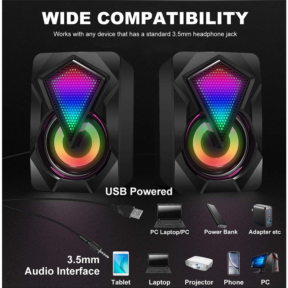 Speaker PC Laptop Desktop Computer Mobile Phone USB Audio Jack Mini RGB ...