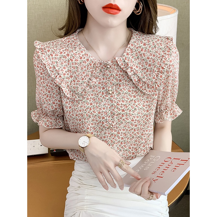 Baju kolar anak patung atasan bunga wanita musim panas 2022 baju sifon ...