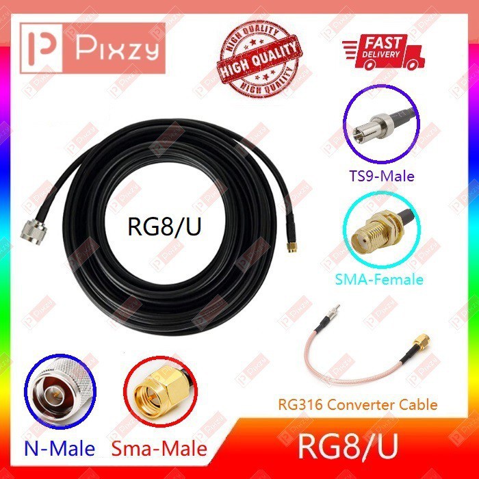 KINGSIGNAL RG8U RG8/U 50-7 50ohm N/SMA male to SMA/TS9 8/10/12/15/20m ...
