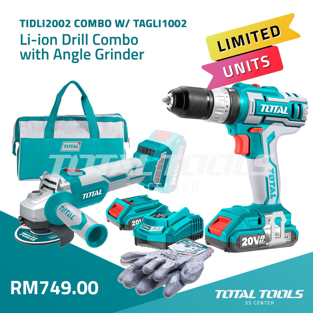 TOTAL Li-ion Cordless Impact Drill Combo with Cordless Angle Grinder ...