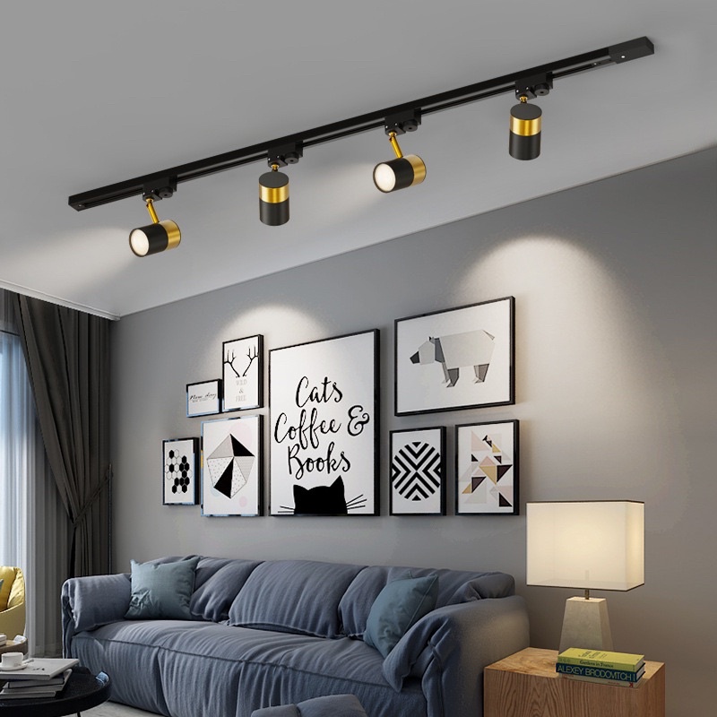 (New) Track light led black + gold lampu sportlight adjustable rail ...