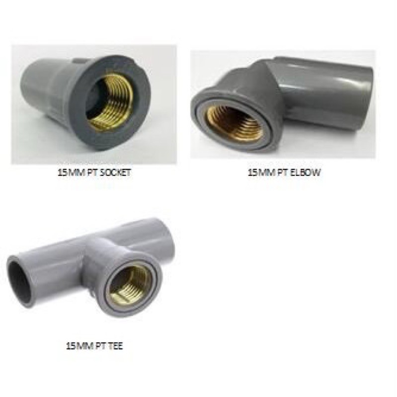 PVC Fitting PT Elbow, Socket & Tee (Brass Threaded)1/2" Penyambung Paip ...