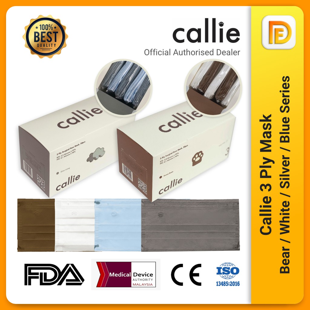 Callie 3 Ply Medical Face Mask Surgical Disposable 50pcs 【Teddy White ...