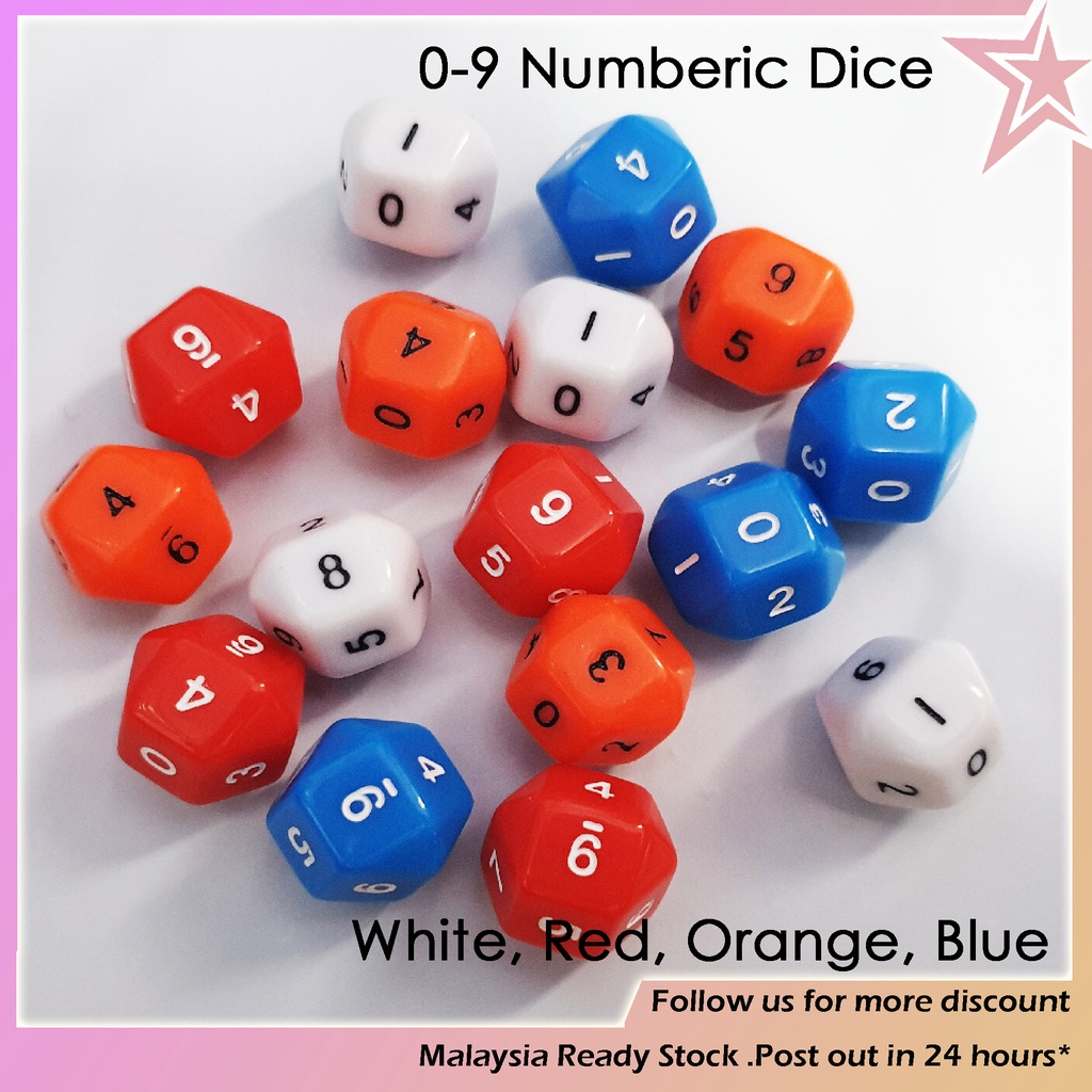 Ready Stock 0-9 Numeric Dice Acrylic Colouring Dice Game Playing 0到9 ...