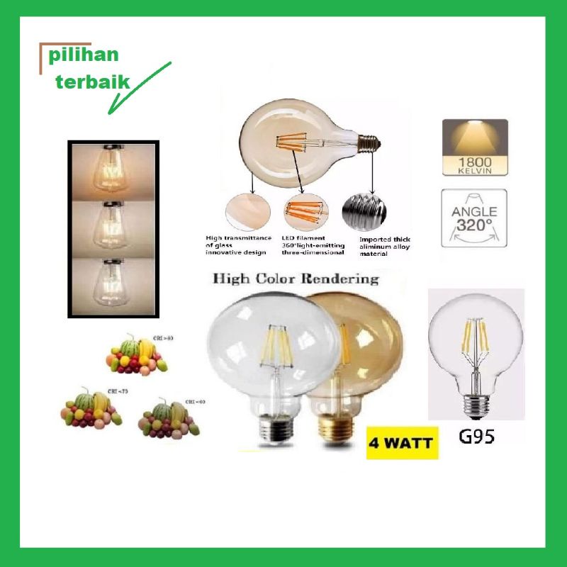 LED Edison Bulb G95 G125 Filament 4W E27 Bulb Light Bulb Mentol Lampu ...