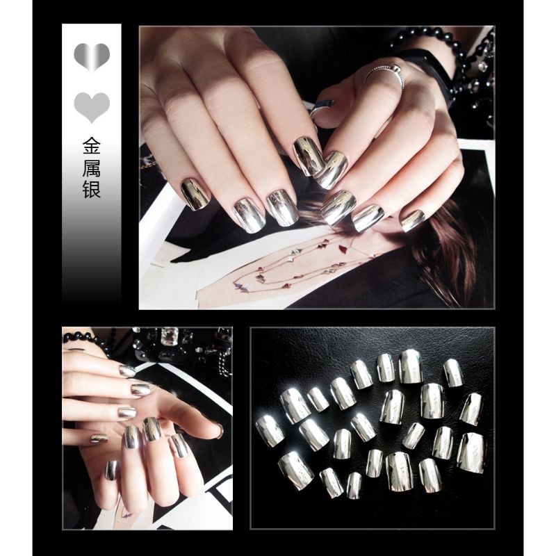 [🇲🇾 Ready Stock] 24pcs Stick On Diy Silver Metalic False Nail Set