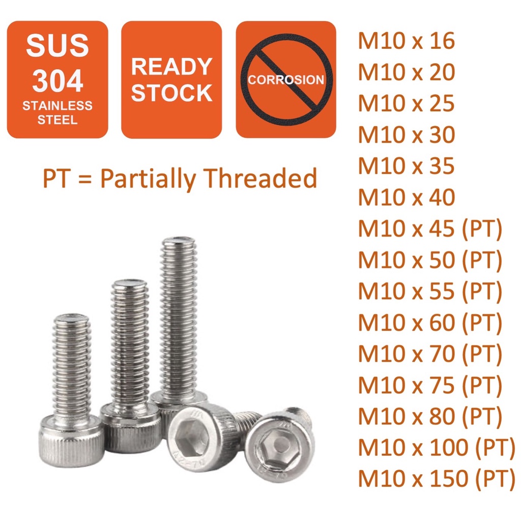 (1 pc) M8 and M10 Socket Cap Head Screw DIN 912 Stainless Steel AISI ...