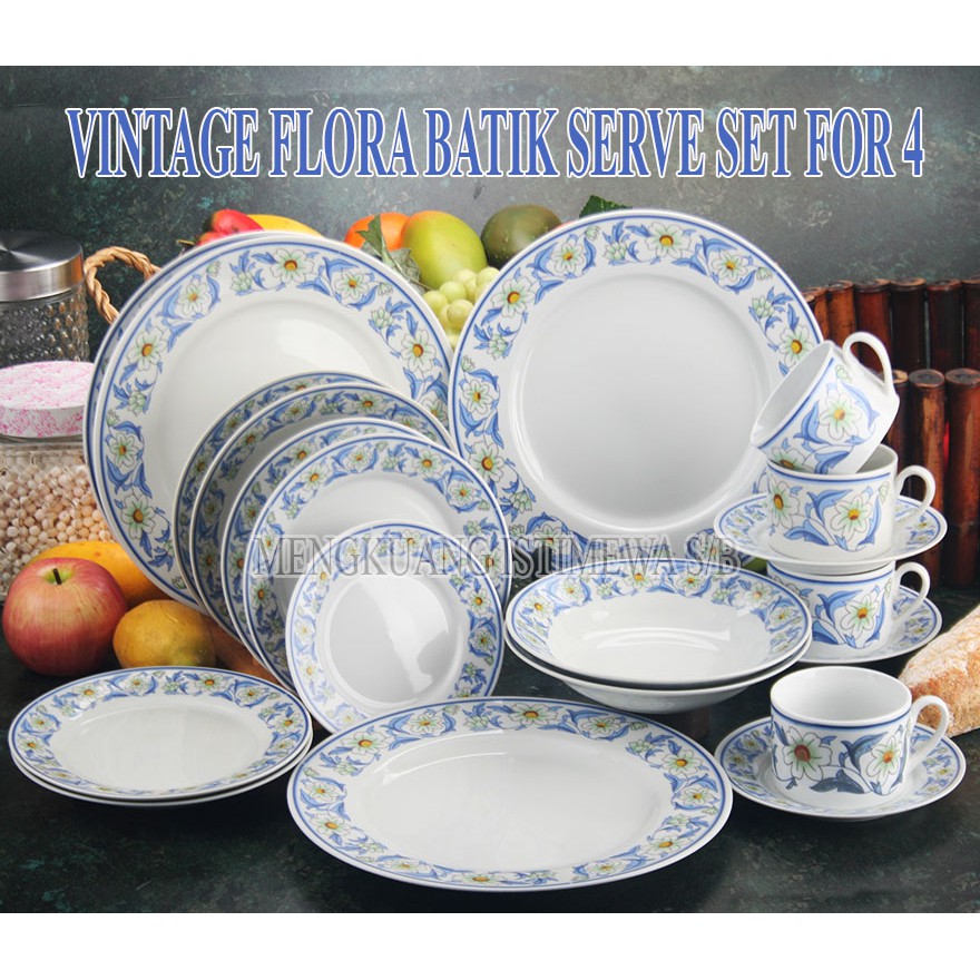 20 PC COLLECTION ANTIQUE RIM BATIK BLUE DECOR DINNER SET FOR 4 SE20138 ...