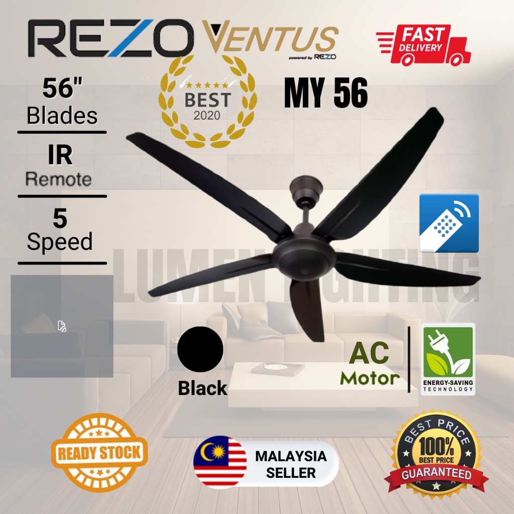 REZO VENTUS MY56 5 Speed 56" 5 Blade e AC MOTOR Ceiling Fan Black 5 ...