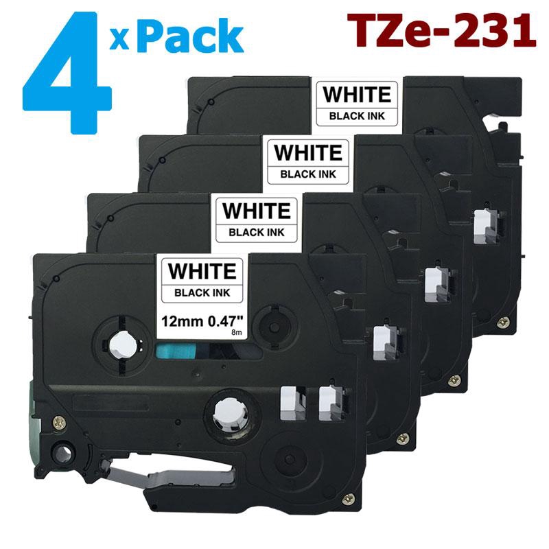 4 Pack 12mm Tze231 Black on White for Brother PTouch Label Tape 8M ...