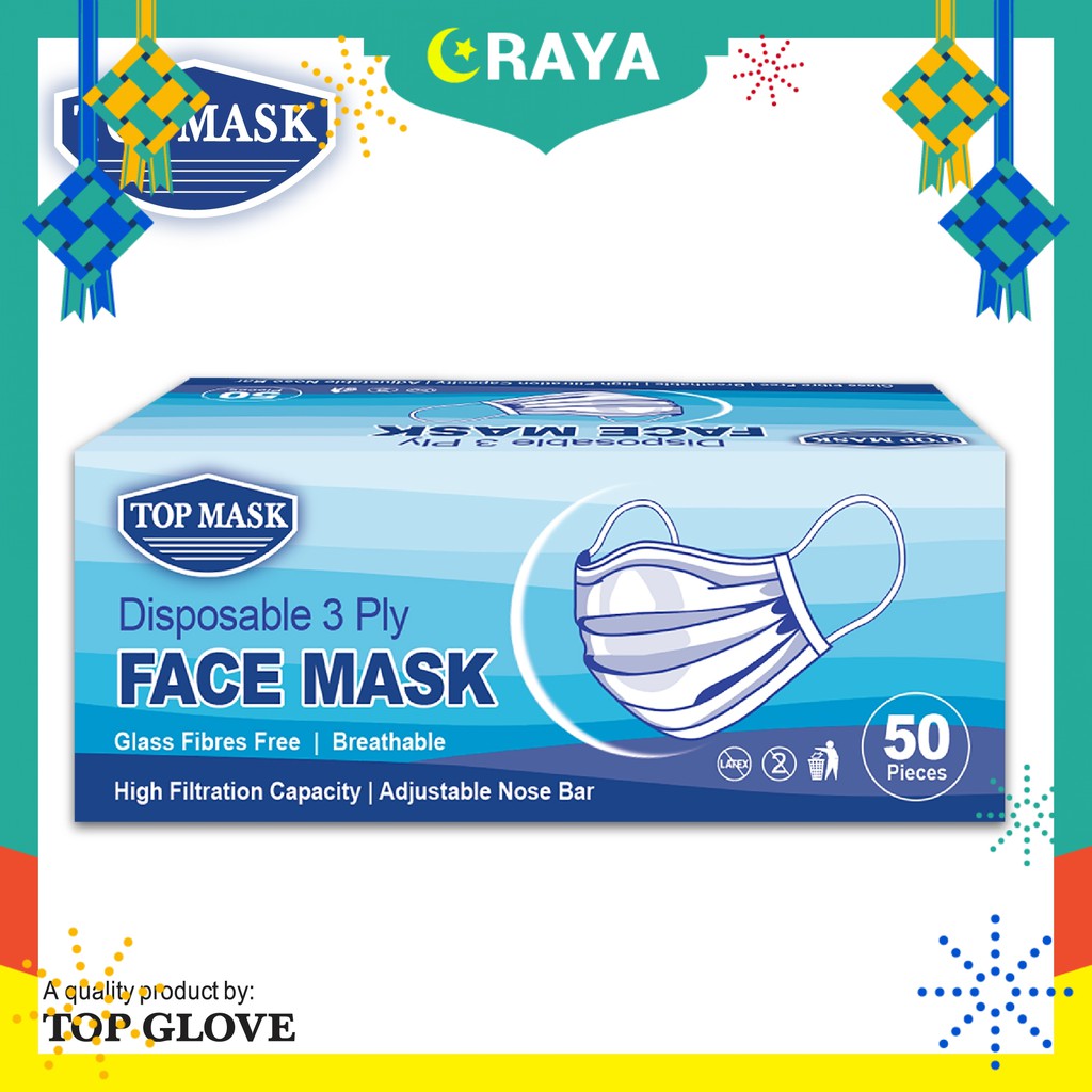 Top Mask Disposable 3 Ply Face Mask by Top Glove (50 Pcs) | Shopee Malaysia
