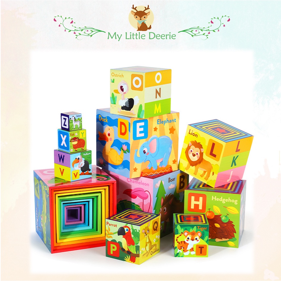 Wooden Alphabets & Animals Nesting Cube Play Box Stacking Montessori ...
