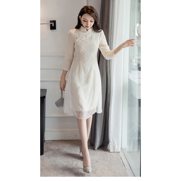 [Ready stock] Champagne Cream Cheong Sam Midi Dress [DO1229]- last size ...