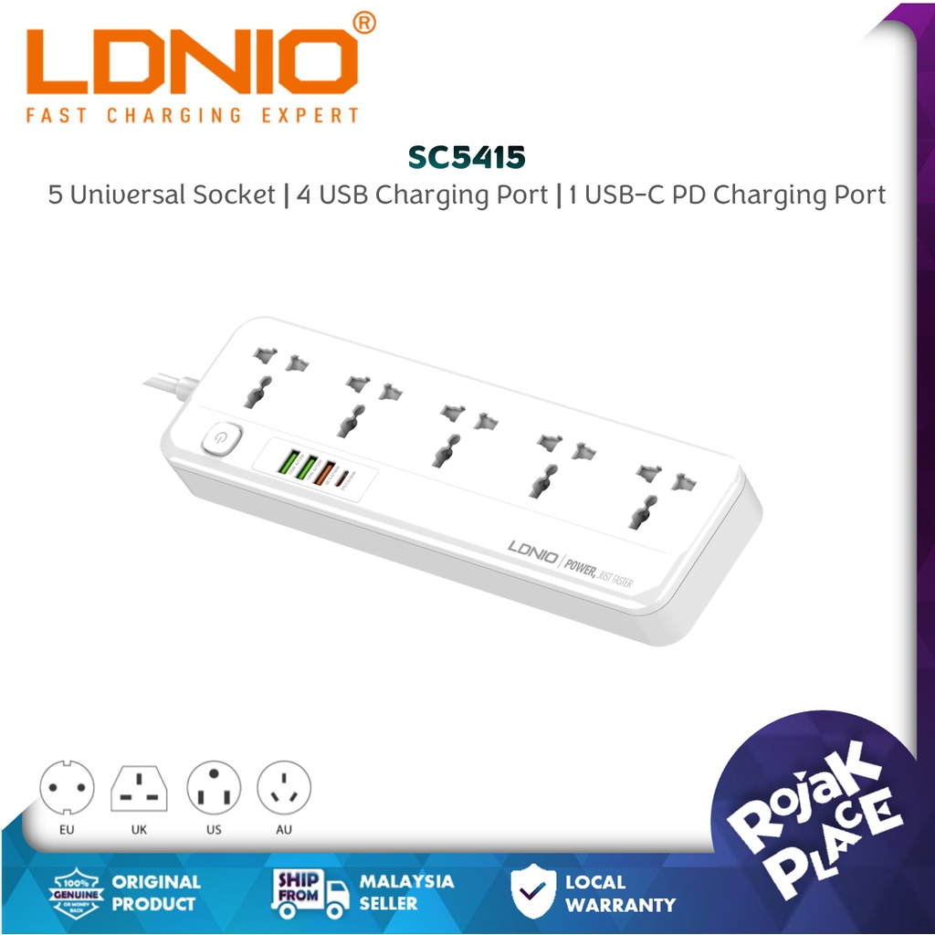 LDNIO SC5415 5 Universal Power Sockets with Fast Charging PD+QC 3.0 USB ...