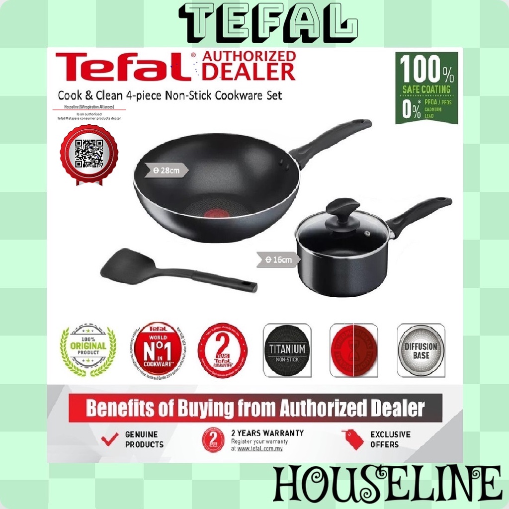 (6.6 SALES!!) NEW READY STOCK Tefal Cook & Clean 4 piece Non Stick Cookware Set B225S4 Wokpan ...