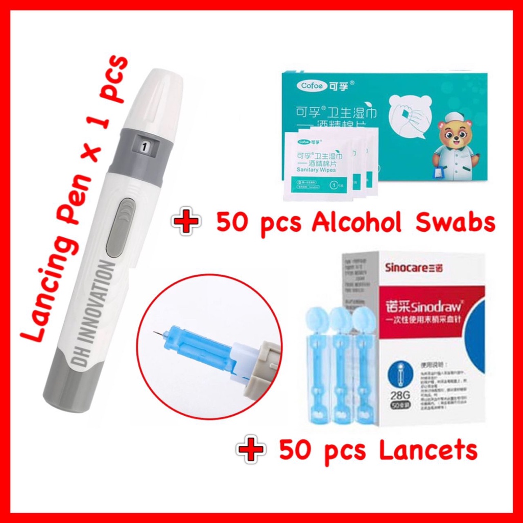 🔥Blood Lancet 28g (50pcs) with Lancing Pen and Alcohol Swabs (50pcs)🔥 ...