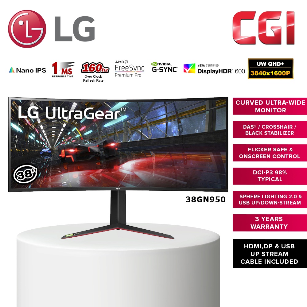 LG 38” 38GN950 144Hz 1ms HDR600 G-Sync UltraGear Curved WQHD Nano IPS ...