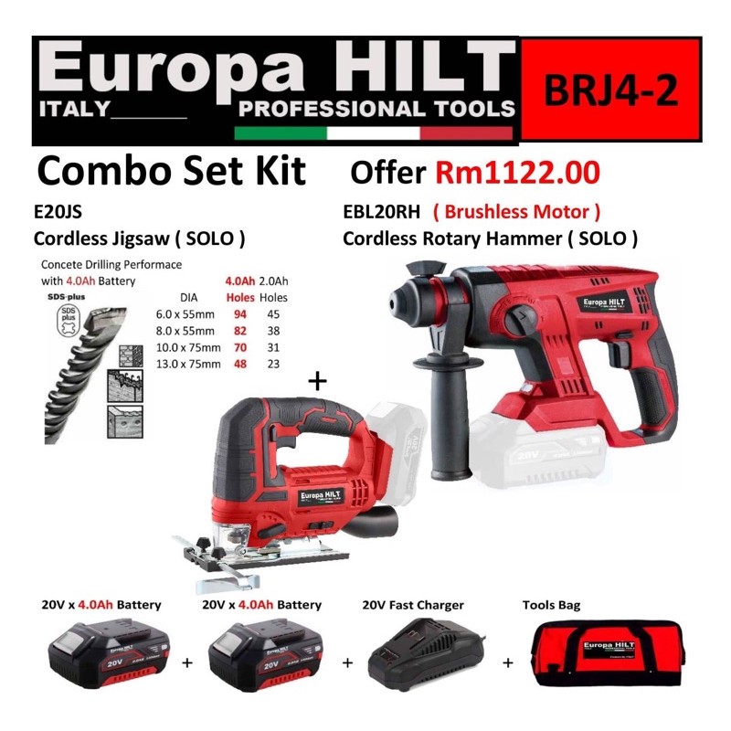 [100% ORIGINAL] EUROPA HILT 20V CORDLESS ROTARY HAMMER + CORDLESS JIG SAW COMBO KIT (BRJ4-2 ...