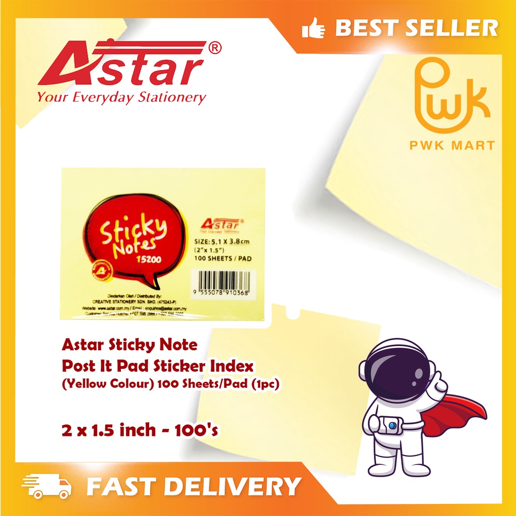 Astar Sticky Note Post It Pad Sticker Index (Yellow Colour) 100 Sheets ...
