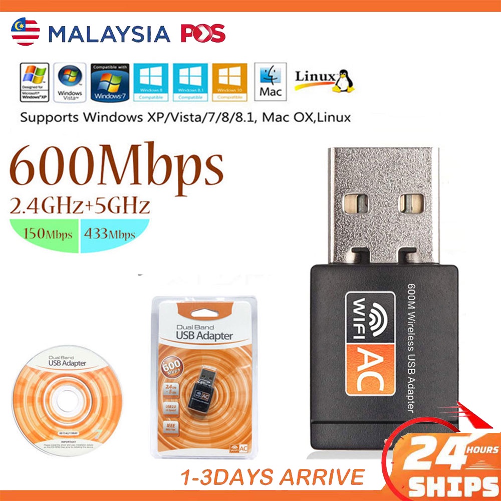 600Mbps Dual Band 5GHz Wireless Network Card Lan USB PC WiFi Adapter ...