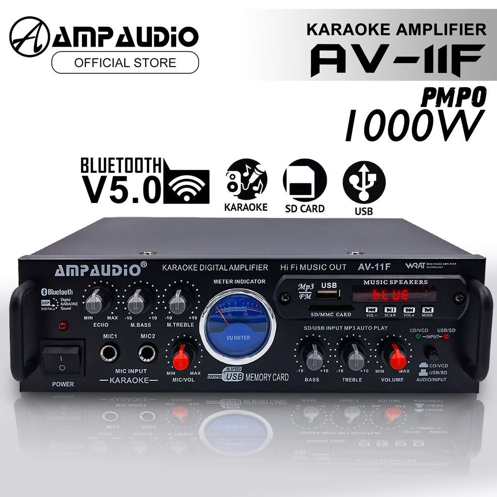 AmpAudio AV11F 1000W Karaoke Amplifier Bluetooth Stereo Amplifier ...