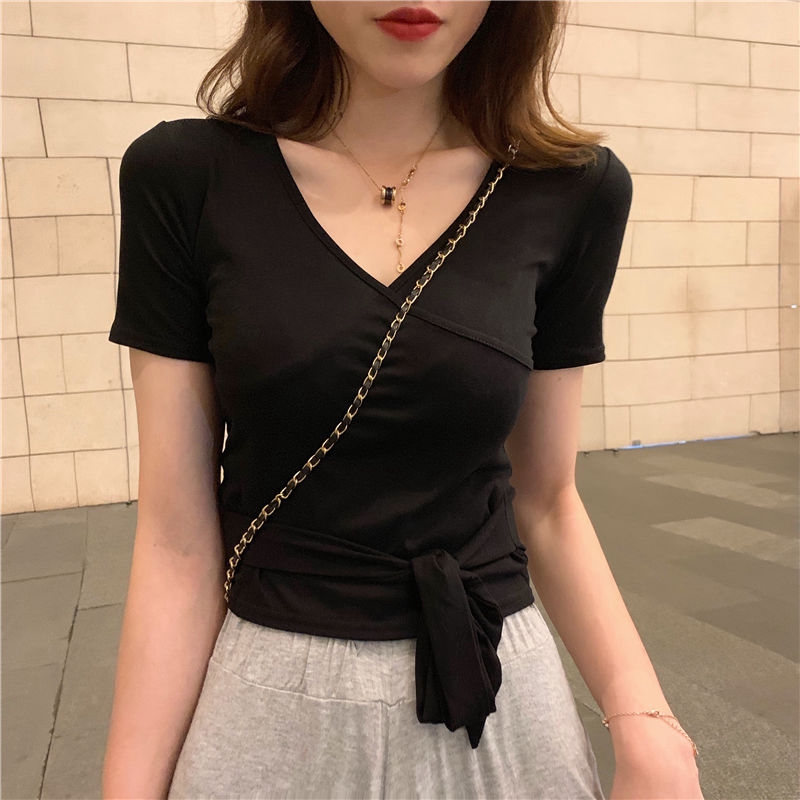sexy v neck bandage t shirt women slim short sleeve ctop tops new 2023 ...