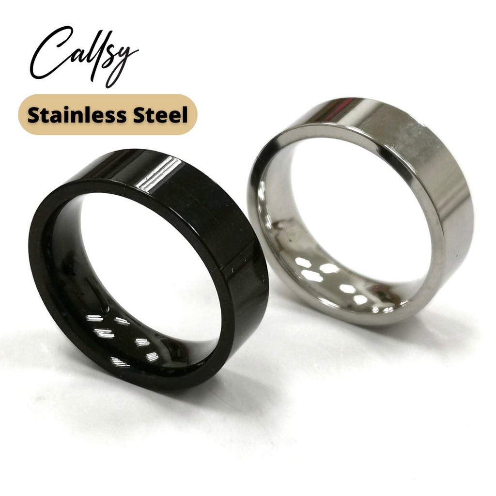 6mm Glossy Flat Stainless Steel Ring Black Silver Unisex Plain Simple ...