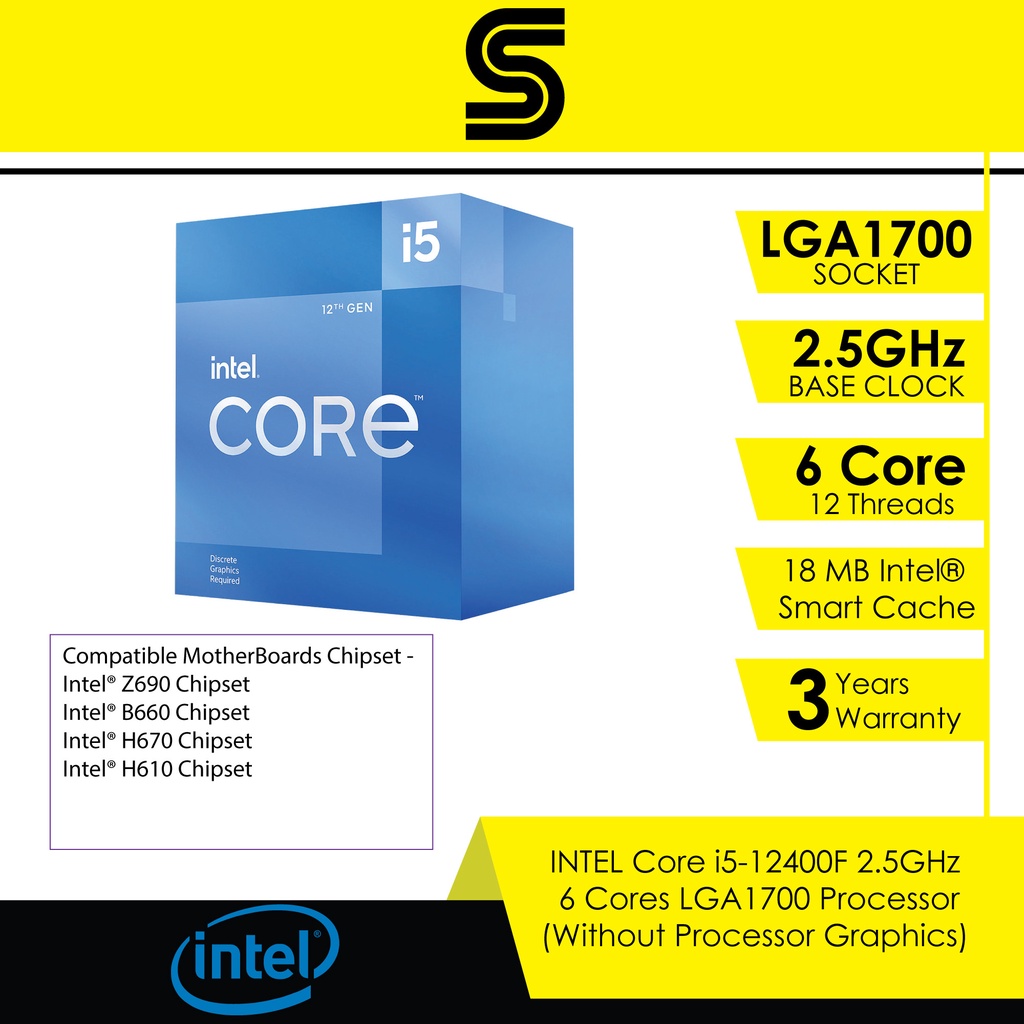 INTEL Core i5-12400F 2.5GHz 6 Cores LGA1700 Processor (Without ...