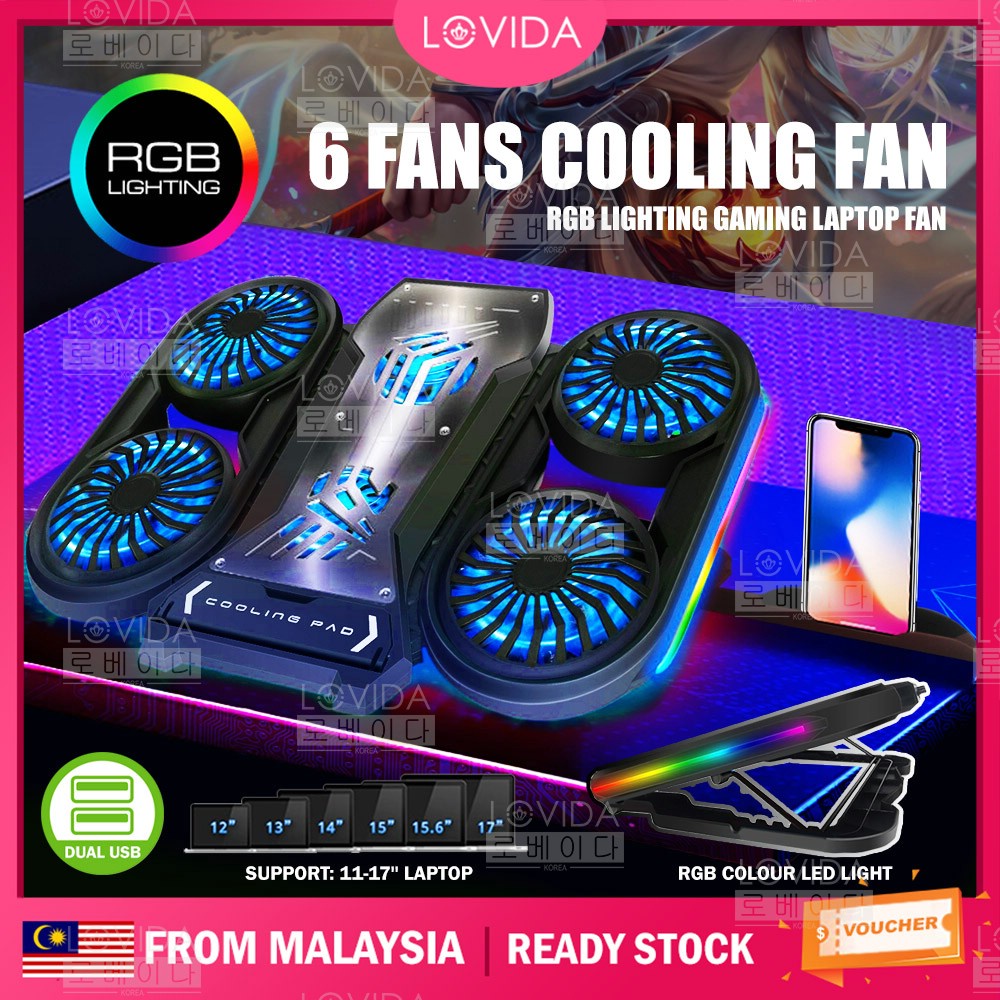 LOVIDA Laptop Cooler 6 Fan Gaming Laptop Fan RGB LED 2 USB Cooling Pad ...