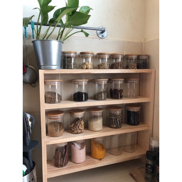 ( Siap pasang ) Wooden rack shelves kitchen Rustic Wood rak rempah ...