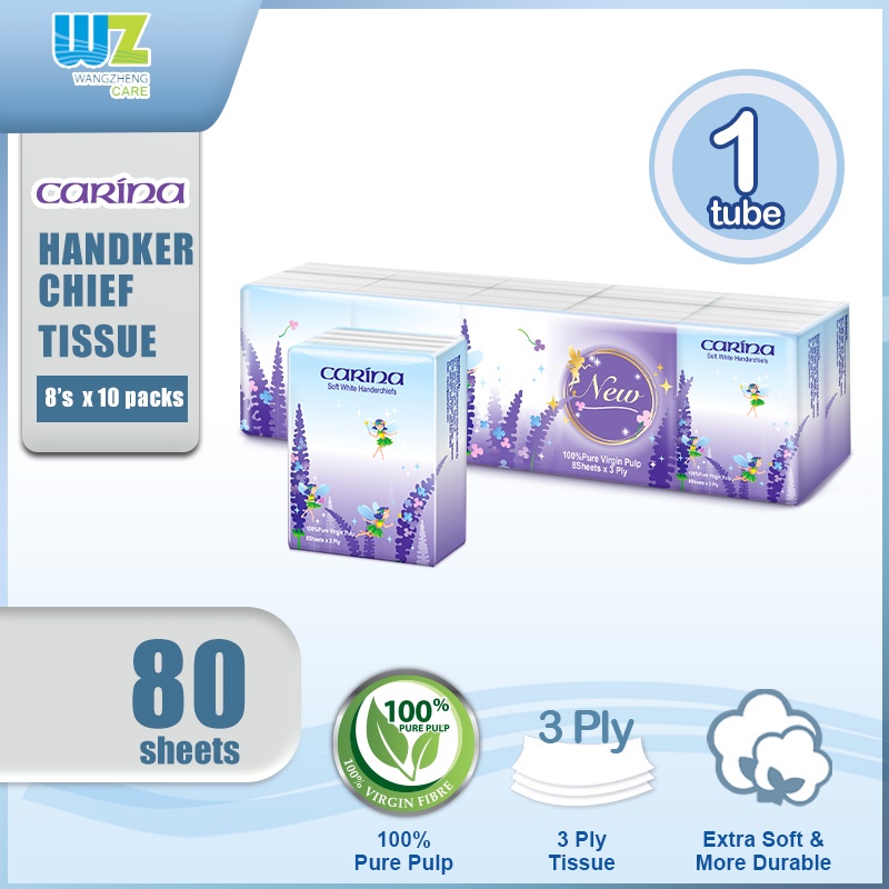 Carina Handkerchief Tissue x 1 tube (Unscented)(3ply x 8's x 10 packs ...