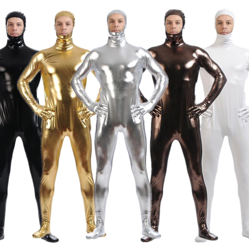 men zentai full body Unitard Stretchable jumpsuits Shiny Metallic faux ...