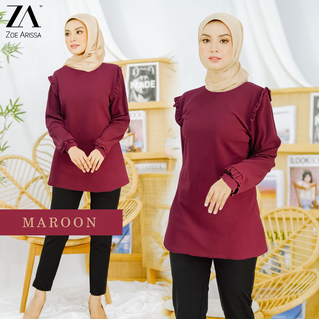 ZOE ARISSA BLOUSE MUSLIMAH TUNIK BAJU PLAIN TOP WOMEN Cotton Ruffle ...