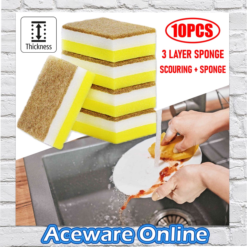 10 PCS DISHWASH SPONGE 3 Layer Sponge Scouring Pads Pot Stain Removal Sponge Cuci Pinggan ...