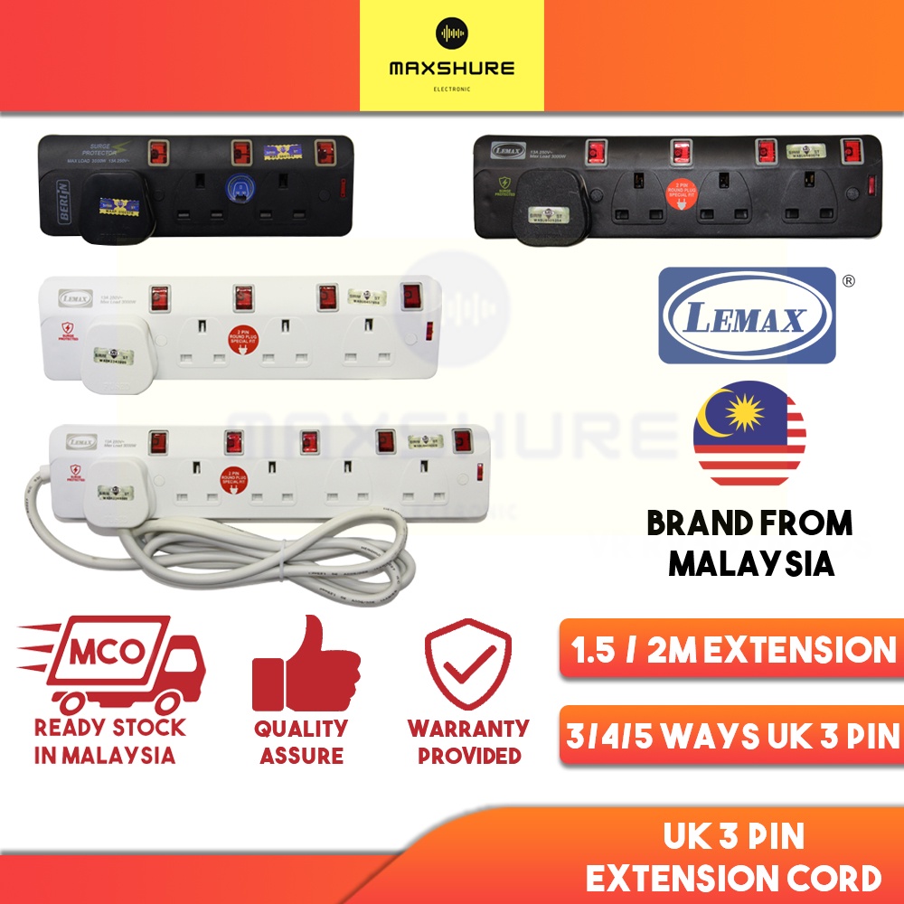 SIRIM Lemax Extension Socket Switch 2 / 3 / 4 / 5 / 6 WAYS UK 3 Pin ...