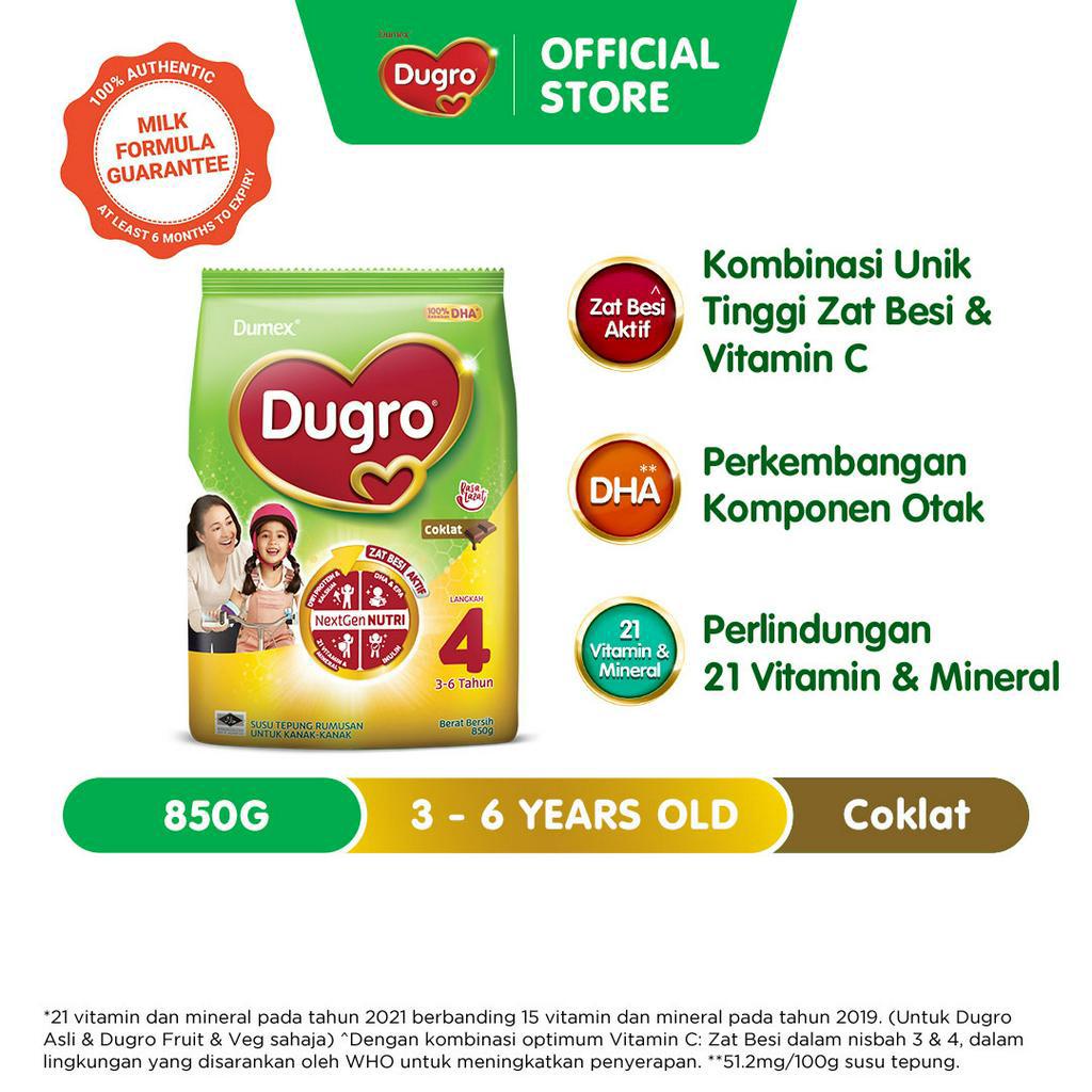 Dumex Dugro Step 4 Chocolate Growing Up Milk Formula 3-6 years (850g ...