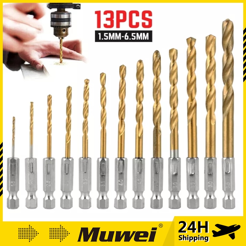 13PCS Titanium Coated Iron Metal Soft Steel HSS Twist Drill Bit Set ...