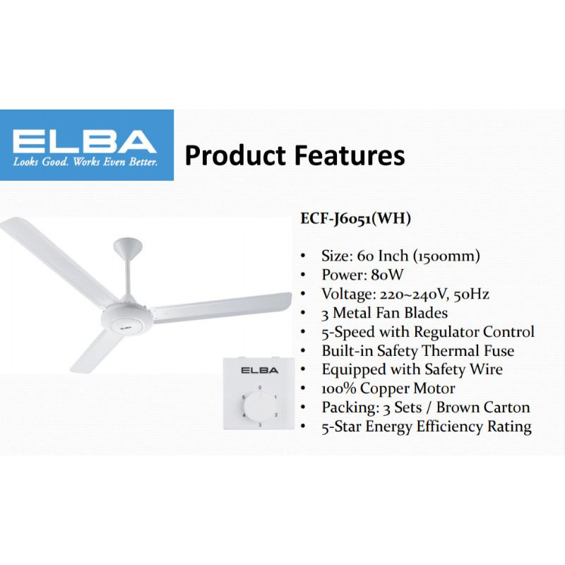 Elba Ceiling Fan ECF-J6051(WH) / ECF-J6052(BR) | Shopee Malaysia