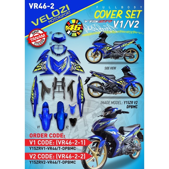 COVERSET Y15 V1 V2 ORIGINAL VELOZI VR46 VALENTINO ROSSI BLUE BIRU ...