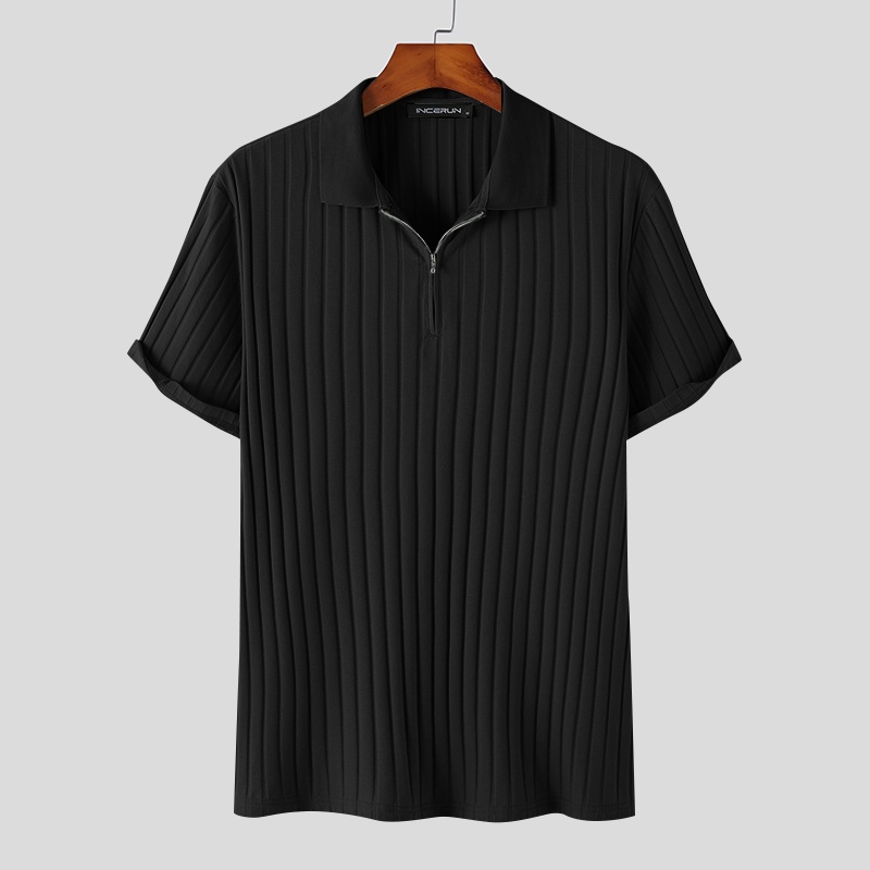 INCERUN Men Short Sleeve Pure Color Business Zip Up Striped Polo Shirts ...