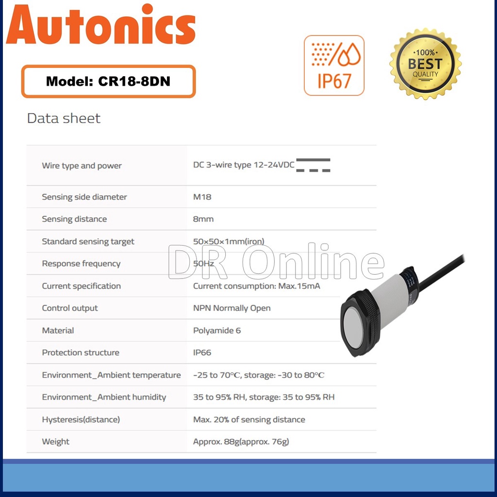 Autonics Proximity Sensor CR18-8DN M18 Sensing8mm DC3 WIRE NPN NO 12-24VDC ~ CR18-8DN | Shopee ...