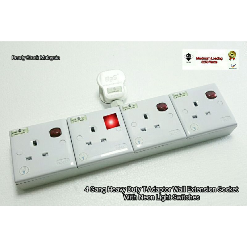 3/4 Gang 13A T-Adaptor Wall Extension Socket WC Indication Neon Ligth ...