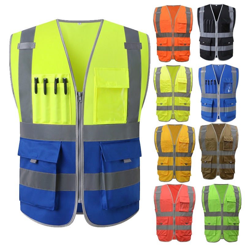 High Visibility Construction Yellow Blue Safety Vest Reflective With ...